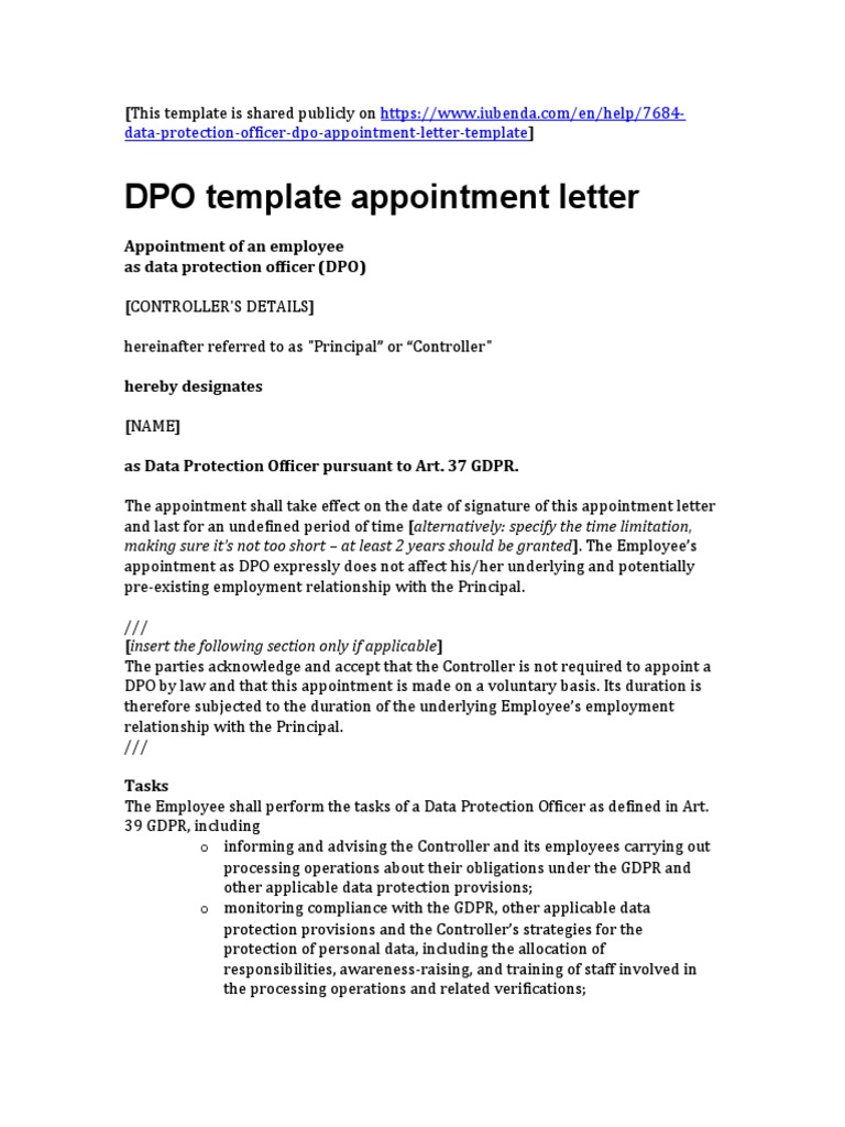 DPO Template Appointment Letter | PDF | Employment | Economies