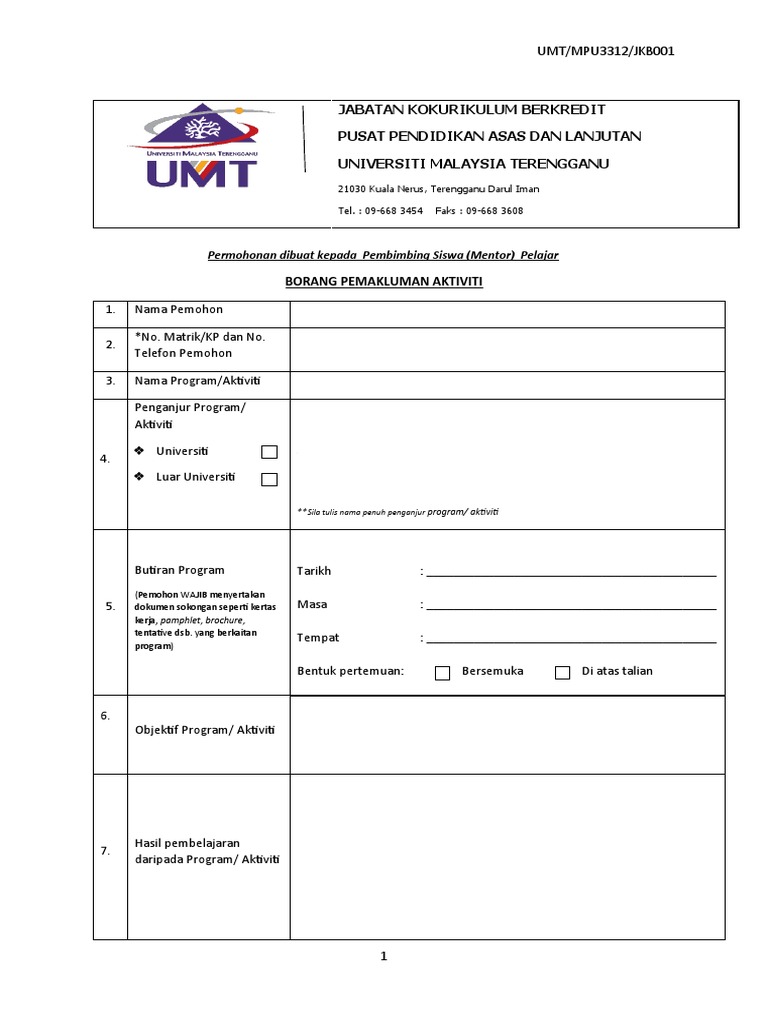 (JKB001) Borang Pemakluman Aktiviti (Versi 2022) | PDF