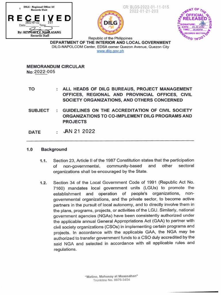 DILG MC No. 2022-005_Guidelines of Accreditation of CSOs to Co ...