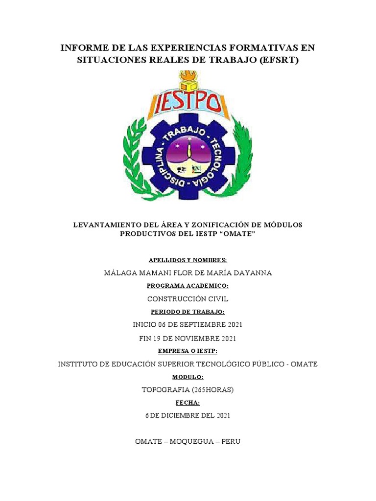 INFORME DE LAS EXPERIENCIAS FORMATIVAS EN SITUACIONES REALES DE TRABAJO-final | PDF | Topografía ...