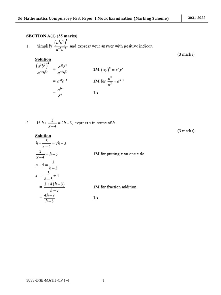 2021-2022 Math CP S6 Mock Paper 1 (Marking) - v3 | PDF | Sphere | Speed