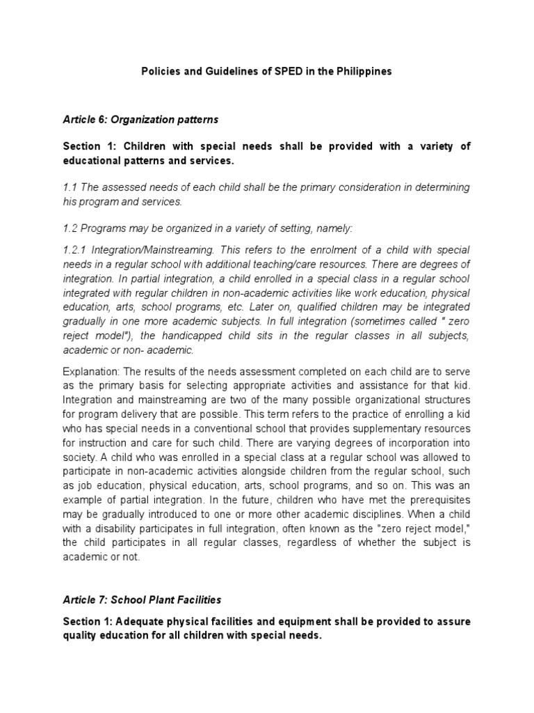 Policies and Guidelines of SPED in The Philippines | PDF | Special ...