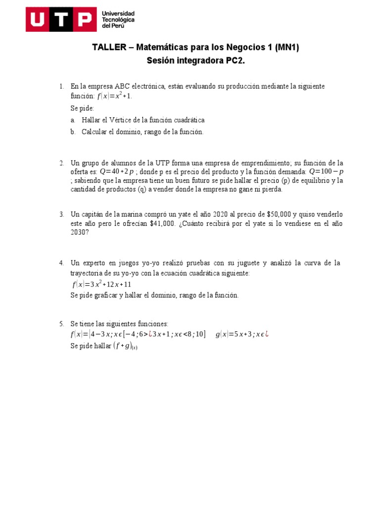 Taller - Sesión Integradora PC2 MN1 | PDF