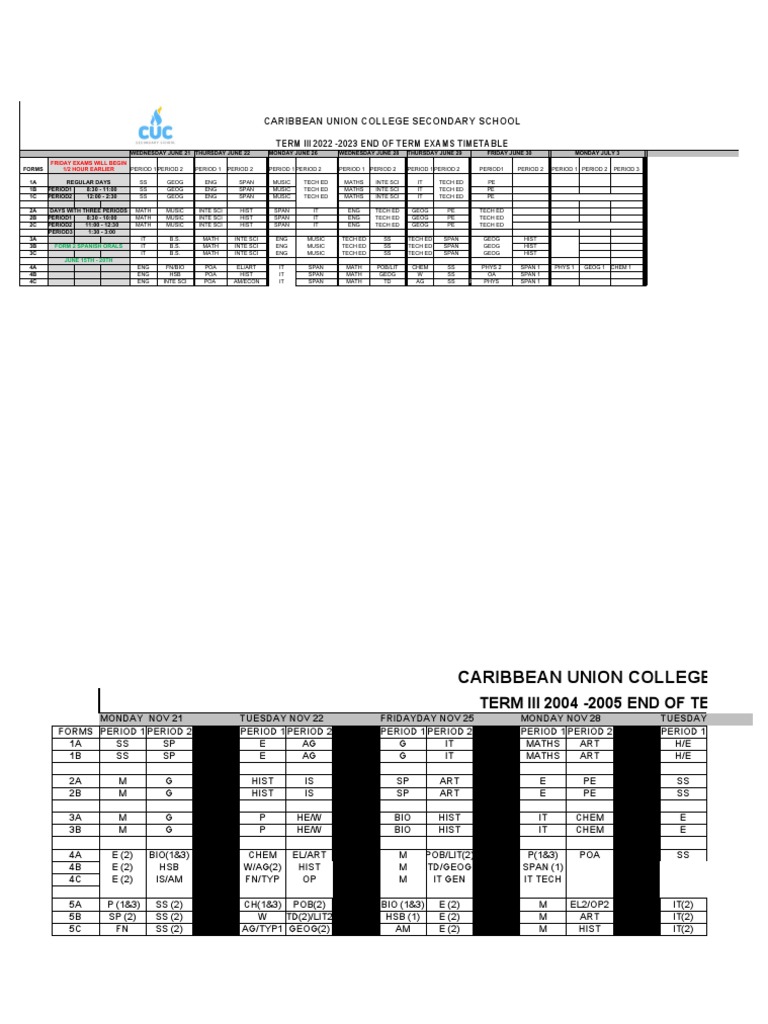 Caribbean Union College Exam Timetable | PDF | Science & Mathematics