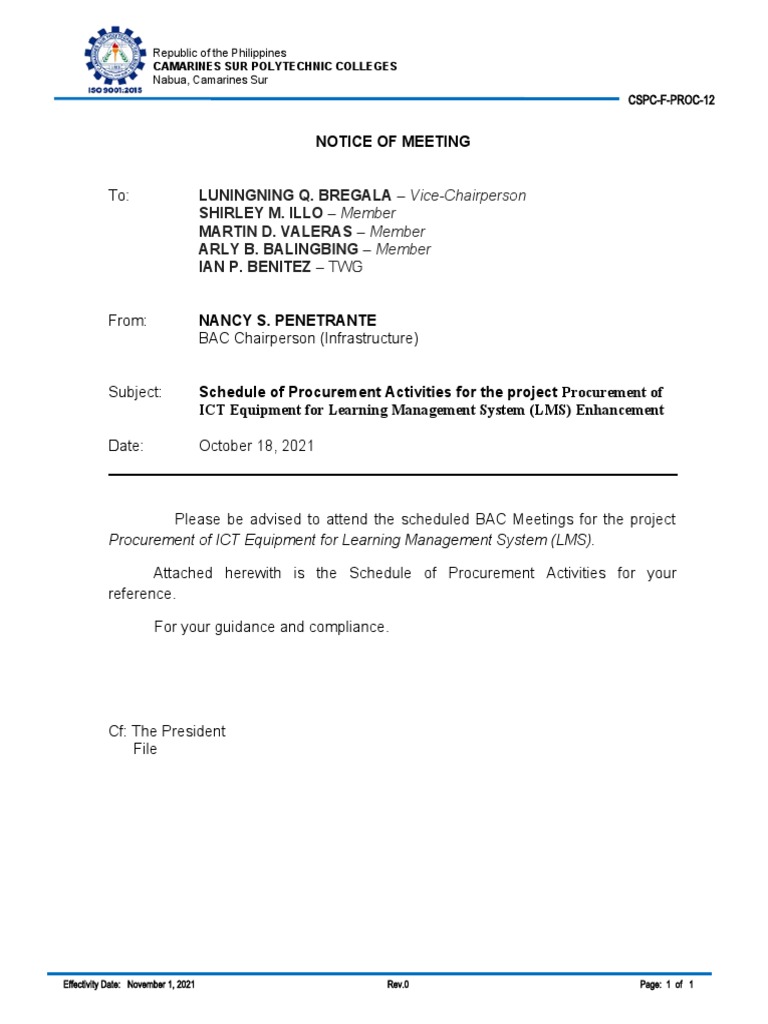 Notice-of-Meeting - BAC Members - Sample | PDF