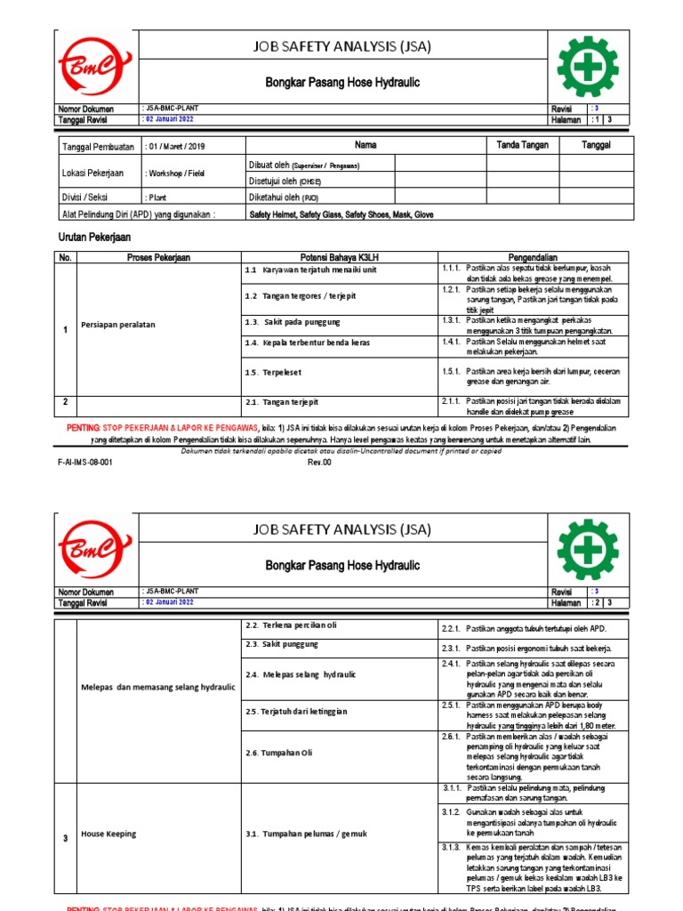 JSA PLANT 10. Bongkar Pasang Hose Hydraulic | PDF