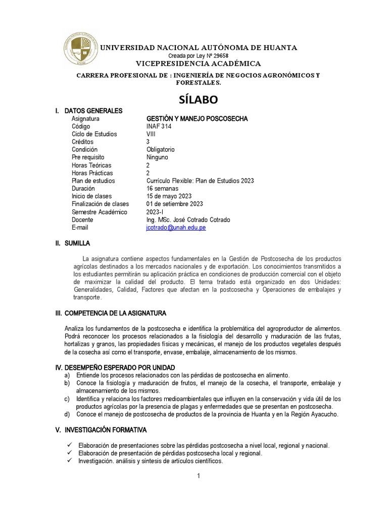 SILABO POSCOSECHA Final | PDF | Plan de estudios | Evaluación