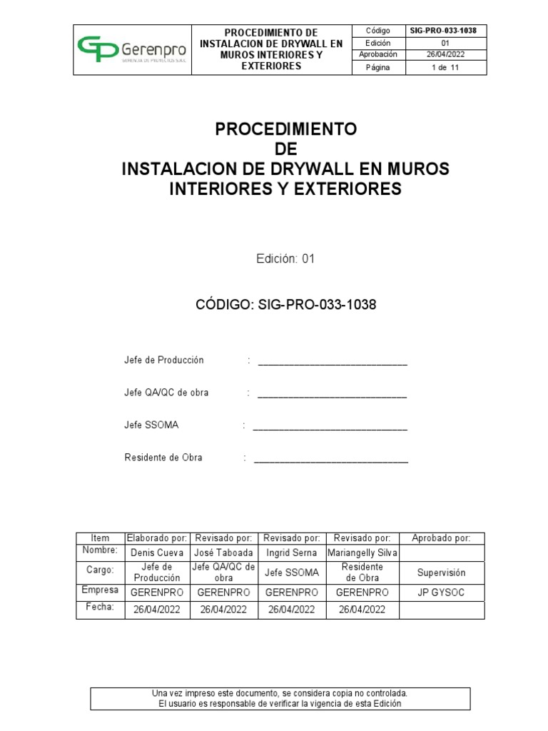 SIG PRO 033 1038 Instalacion de Drywall | PDF | Tornillo | Materiales