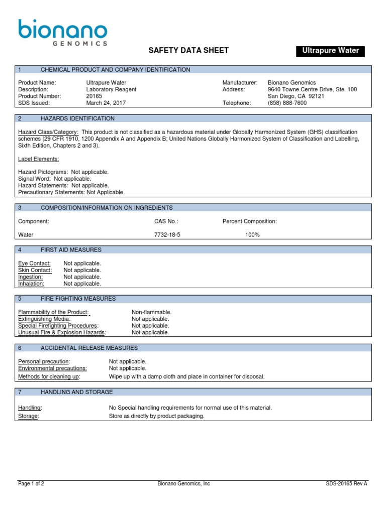 SDS 20165 Rev A Ultrapure Water | PDF | Chemistry | Labor Relations