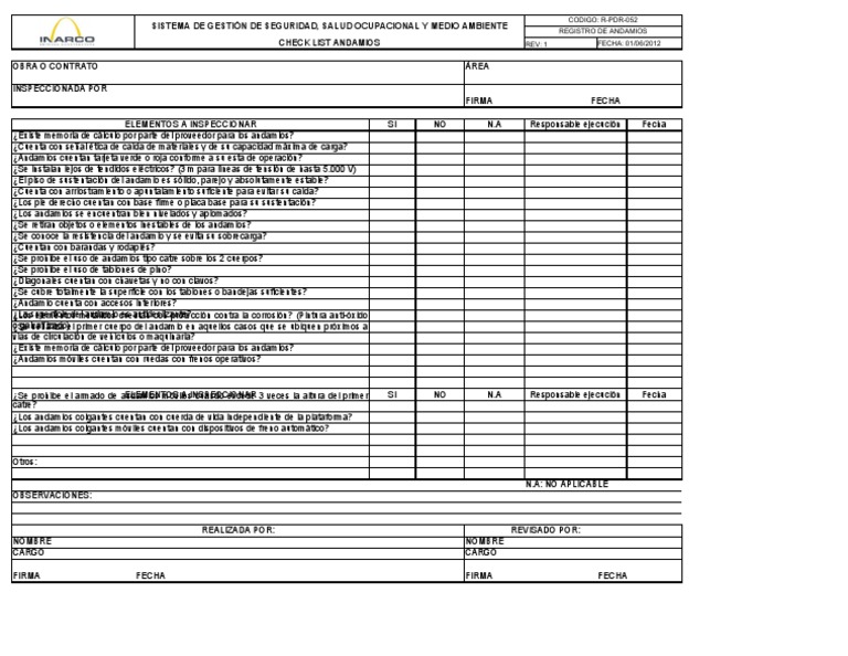 Inspección de Andamios: Checklist Completo | PDF | Andamio | Bienes ...
