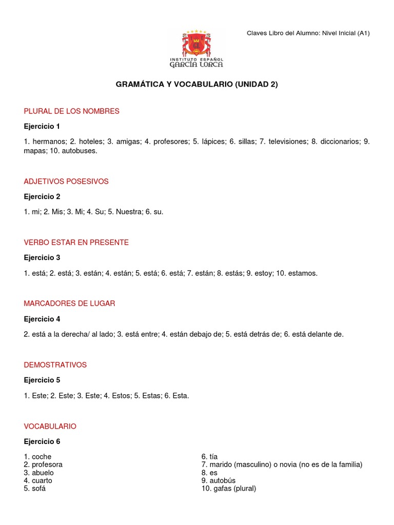Claves Unidad 2 - Nivel A1 | PDF