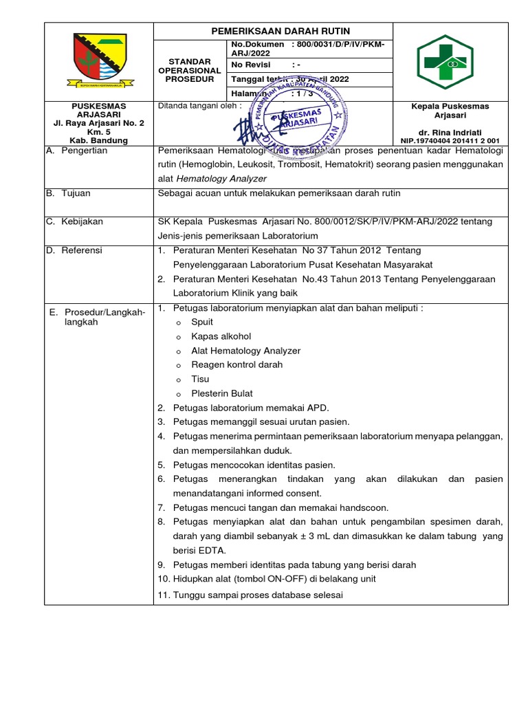 Sop Pemeriksaan Darah Rutin | PDF