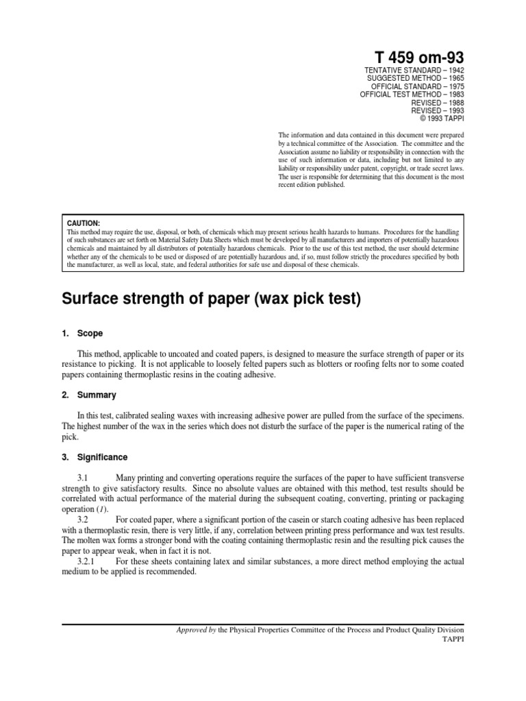 T459 OM-93 Surface Strength of Paper (Wax Pick Test) | PDF | Paper ...