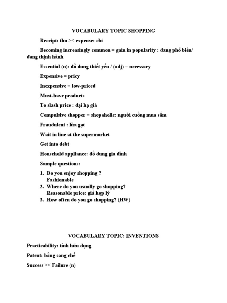 Vocabulary Topic Shopping | PDF
