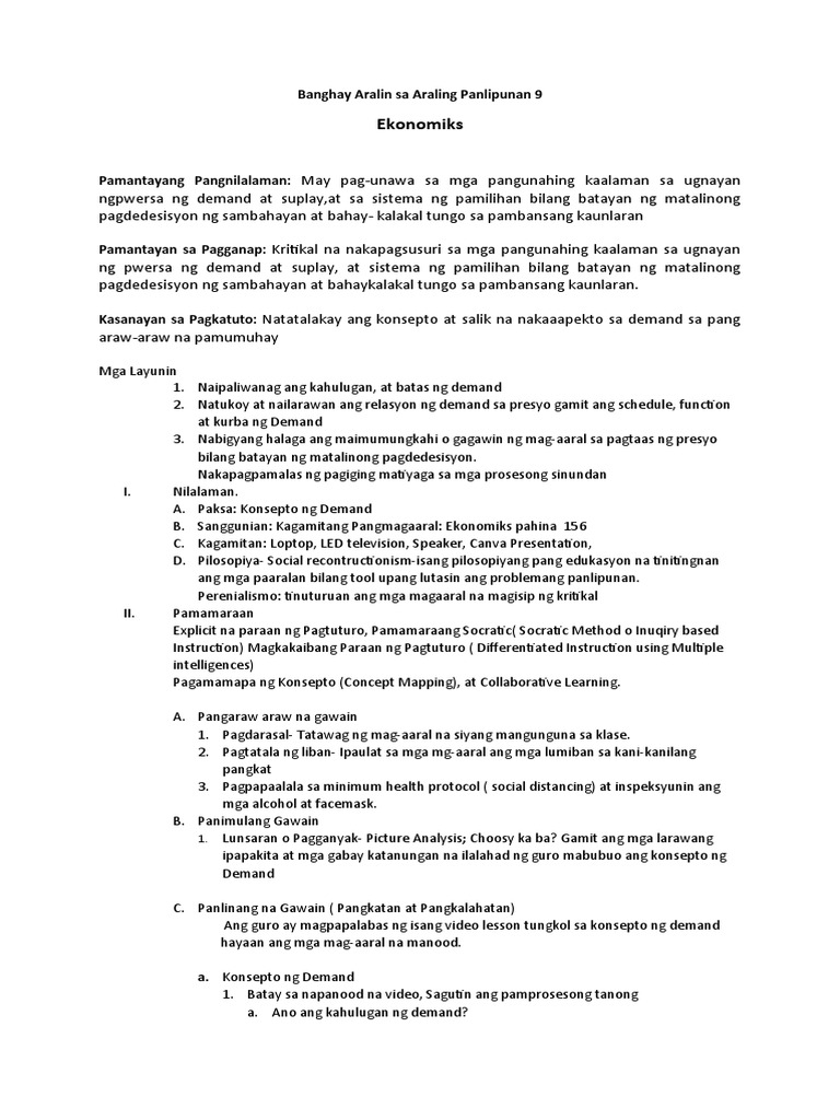 Banghay Aralin Sa Araling Panlipunan 9 | PDF