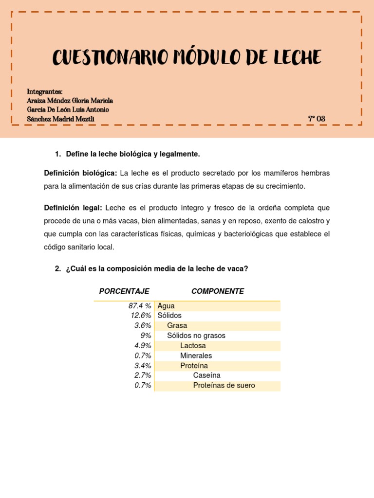 Cuestionario Leche | PDF | Leche | Productos lácteos