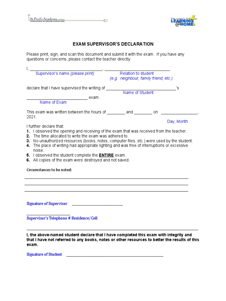 Final Exam Supervisor Form - 2021 | PDF