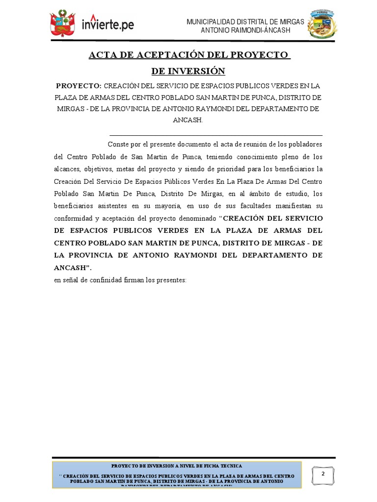 Acta De Aceptacion De Proyecto Pdf