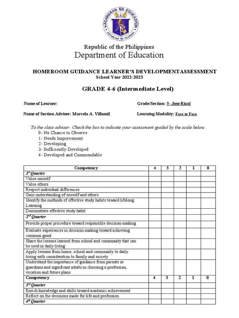Homeroom Guidance Learners Development Assessment Grade 4 6 ...
