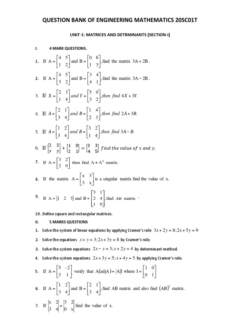 Engineering Mathematics Question Bank 20sc01t (1) | PDF | Matrix ...