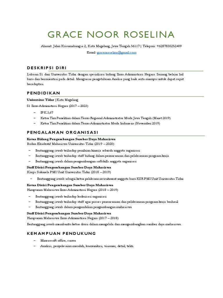 CV Grace Noor Roselina | PDF