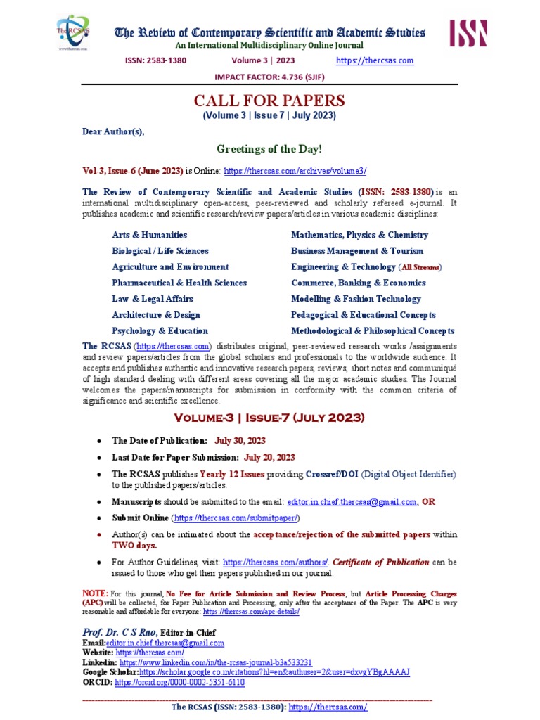 RCSAS/CFP-Invitation For Paper-Submissions (July 2023) | PDF | Academic Journal | Science