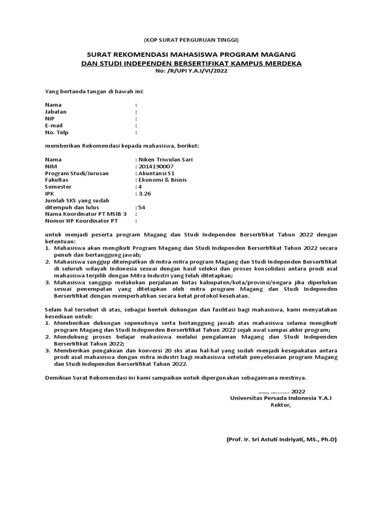 Format Surat Rekomendasi - Msib-3 | PDF