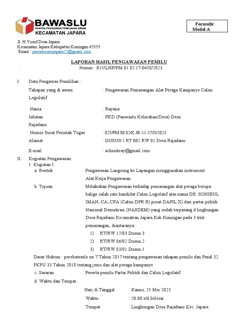 LHP Pemasangan Baligo Caleg, Rajadanu | PDF
