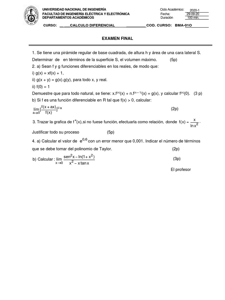 Examen Final 2020-1 (Prof. Saal) | PDF
