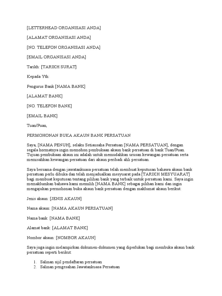 Surat Rasmi Permohonan Buka Akaun Bank Persatuan | PDF