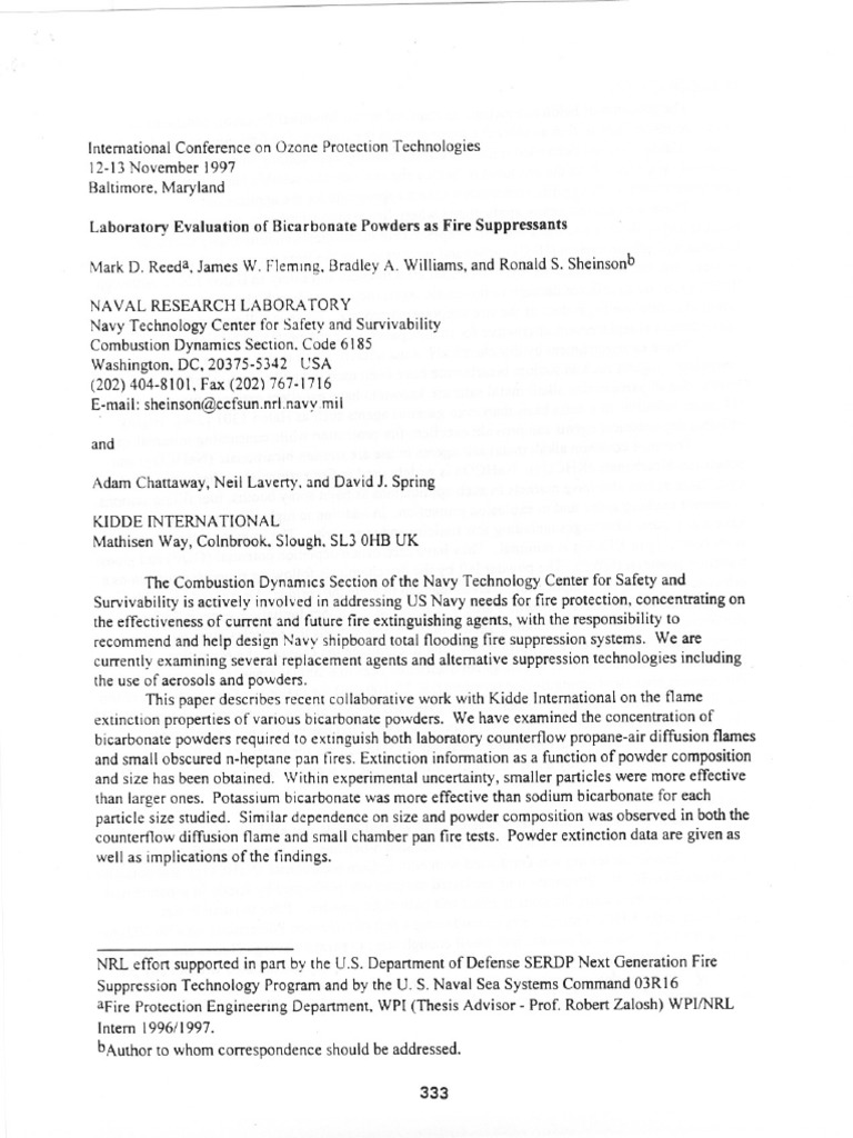 Reed Laboratory Evaluation of Bicarbonate Powders As Fire Suppressants ...
