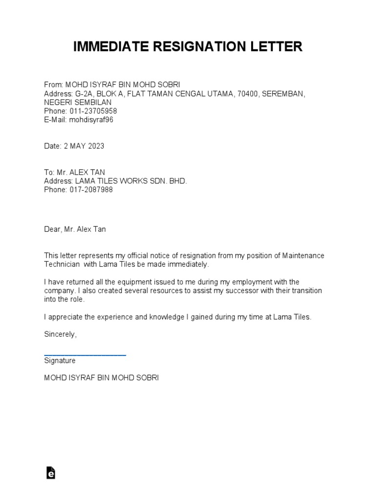 Immediate Resignation Letter | PDF