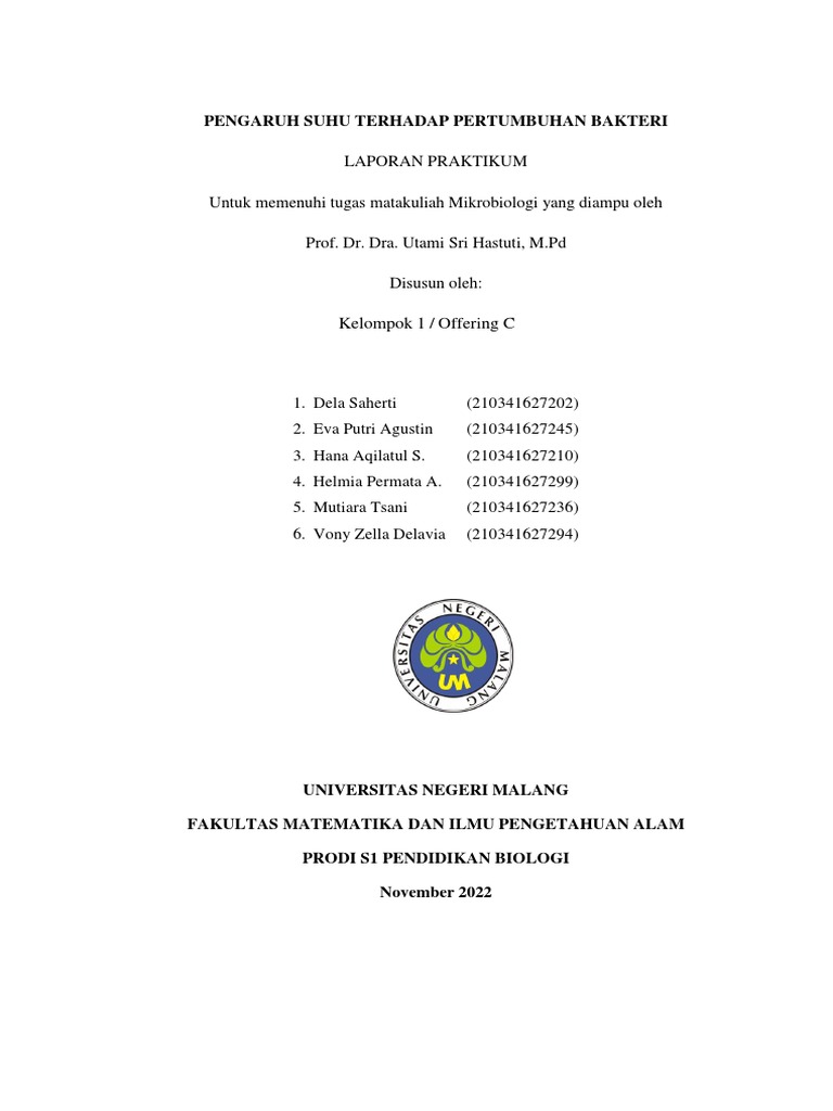 Laporan Praktikum Pengaruh Suhu Terhadap Pertumbuhan Bakteri | PDF Laporan Praktikum Pengaruh Suhu Terhadap Pertumbuhan Bakteri | PDF