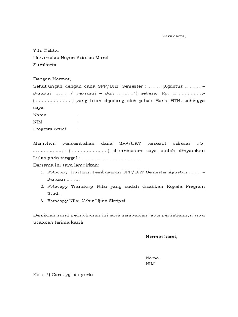 Surat Permohonan Pengembalian UKT 2021 | PDF