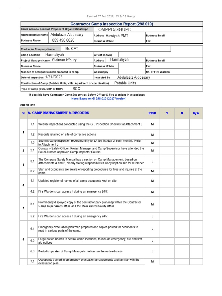 Camp Inspection Checklist for Harmaliya | PDF | Fire Safety | Firefighting