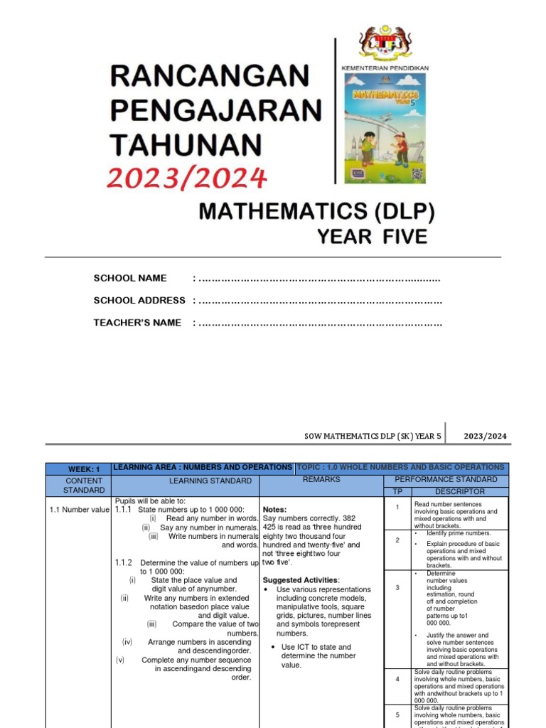 RPT MATH DLP YEAR 5 2023-2024 by Rozayus Academy | PDF | Numbers | Interest