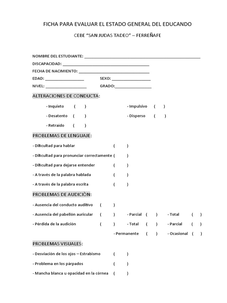 Ficha para Evaluar El Estado General Del Educando | PDF