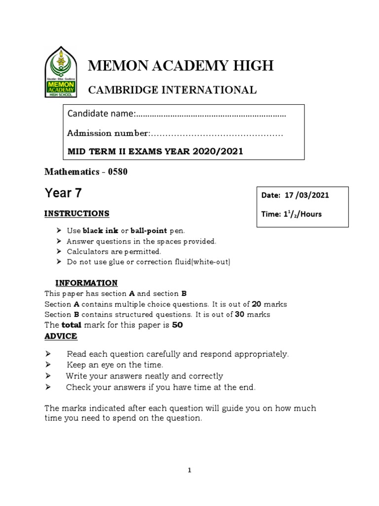Maths Year 7 Term 2, 2020 | PDF | Angle