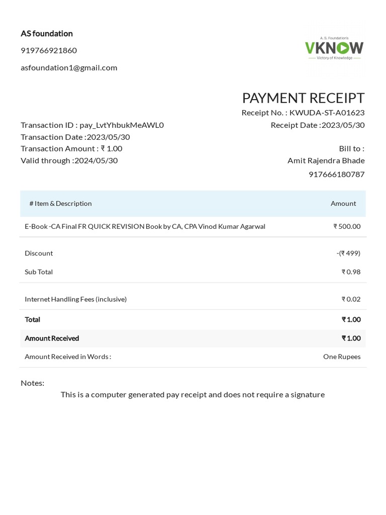 Payment Receipt: AS Foundation | PDF