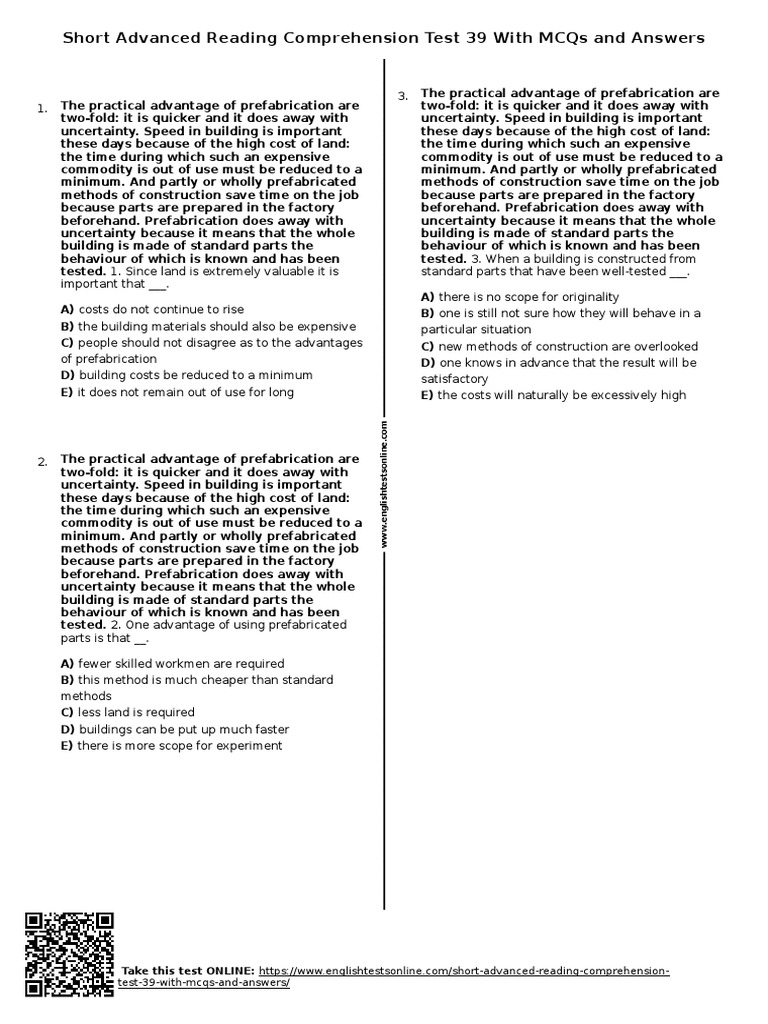 882 Short Advanced Reading Comprehension Test 39 With Mcqs and Answers ...