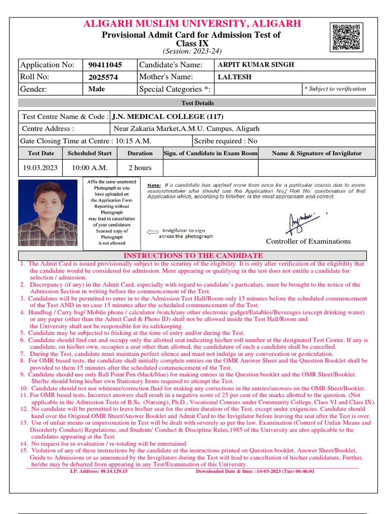 Aligarh Muslim University, Aligarh: Provisional Admit Card For ...
