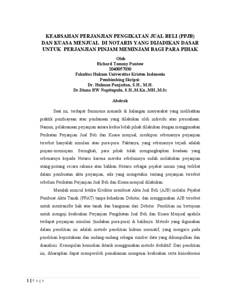 Keabsahan Perjanjian Pengikatan Jual Beli (PPJB) Dan Kuasa Menjual Di ...