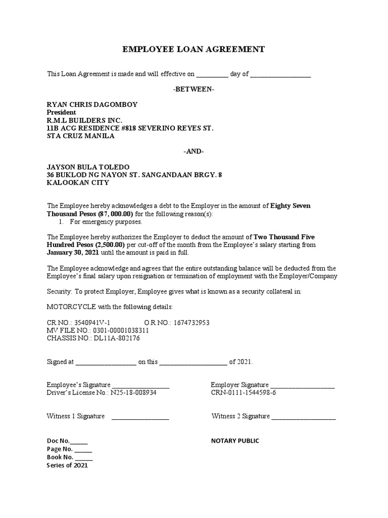 Employee Loan Agreement Pdf