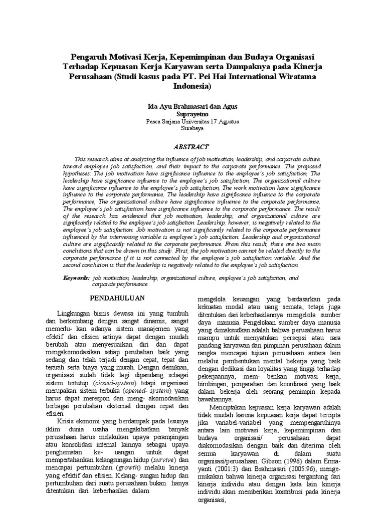 Pengaruh Motivasi Kerja, Kepemimpinan dan Budaya Organisasi Terhadap Kepuasan Kerja Karyawan ...