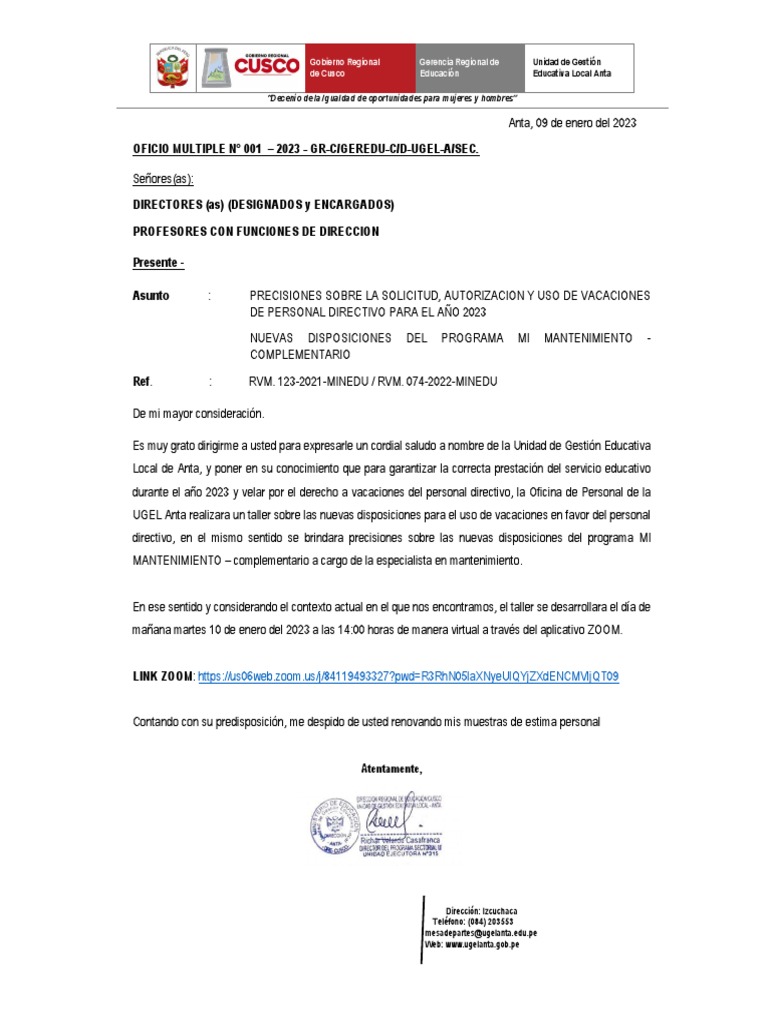 Oficio Multiple 001-2023-Ugel Anta Taller de Capacitacion | PDF