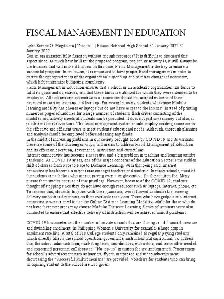 FISCAL MANAGEMENT IN EDUCATION | PDF | Distance Education | Schools