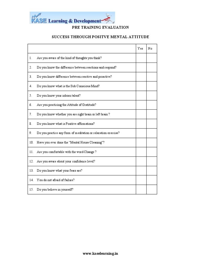 Postive Mental Attitude - Pre - Post Evaluation | PDF | Attitude (Psychology) | Thought