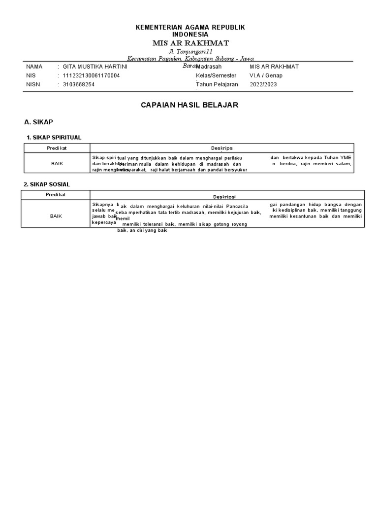 RDM - Rapor VI.A - GITA MUSTIKA HARTINI - 3103668254 | PDF