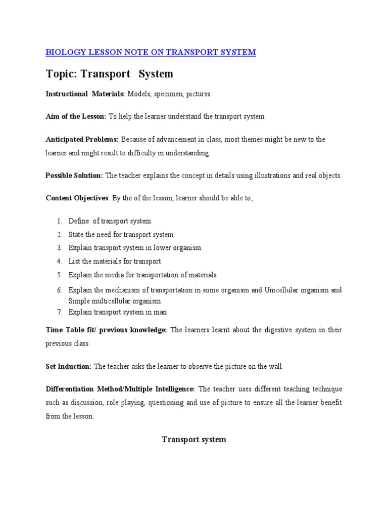 Biology Lesson Note On Transport System | PDF