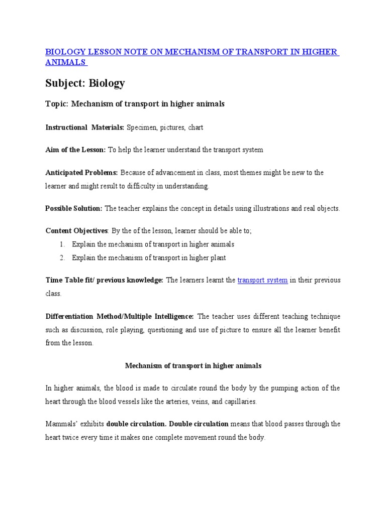 Biology Lesson Note On Mechanism of Transport in Higher Animals | PDF